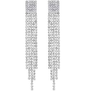 mlouye dangle earrings for women, rhinestone earring dangling long tassel crystal chandelier drop earrings for prom party silver tone clear