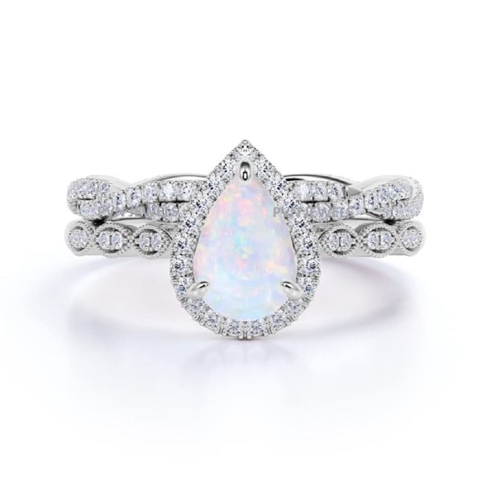 Halo Art Deco Pear Shaped Opal Halo Wedding Engagement Bridal Set Ring Band Solid 925 Sterling Silver 5