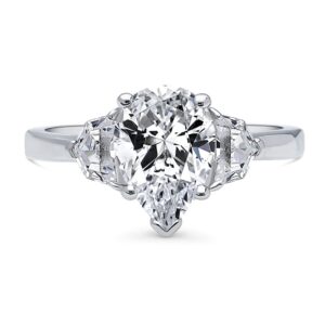 BERRICLE Sterling Silver 3-Stone Wedding Engagement Rings Pear Cut Cubic Zirconia CZ Ring for Women, Rhodium Plated Size 6