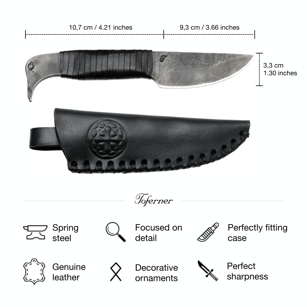 Toferner Viking Knife Odin's Raven, Norse Hand Forged Knife with Genuine Leather Case, Hardened Blade, Nordic Knife, Original Gift Idea for Men