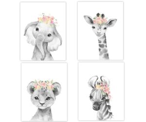 baby girl nursery wall art pink floral safari animals elephant giraffe lion zebra room decor 4 unframed prints