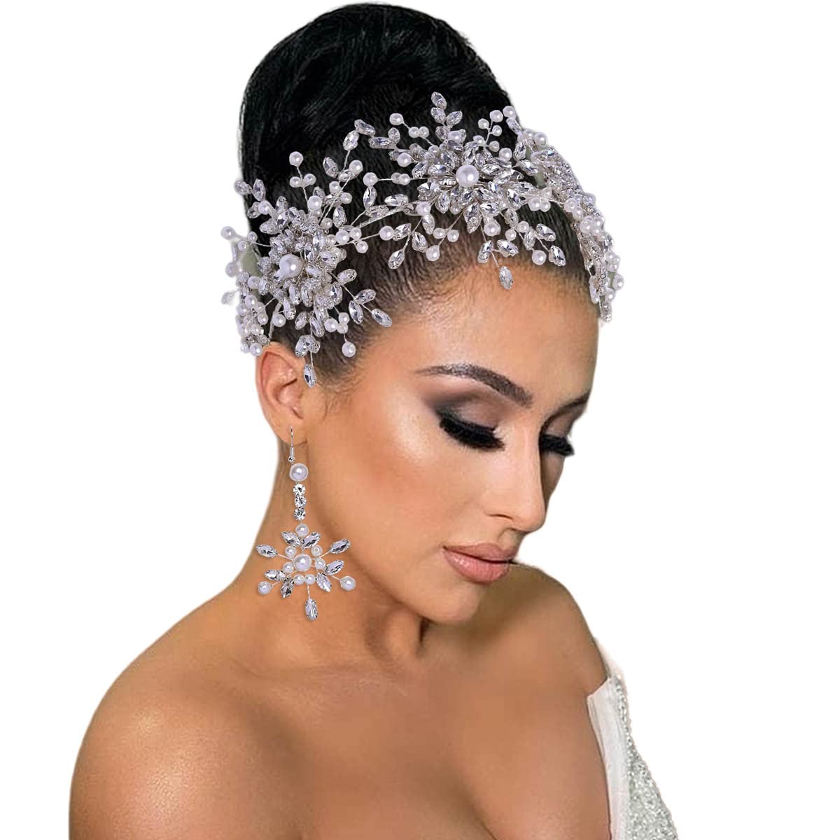 LOVFOIVER Bridal Wedding Headband Rhinestone Pearls Tiara Earring Set Silver Women Handmade Hair Accessories