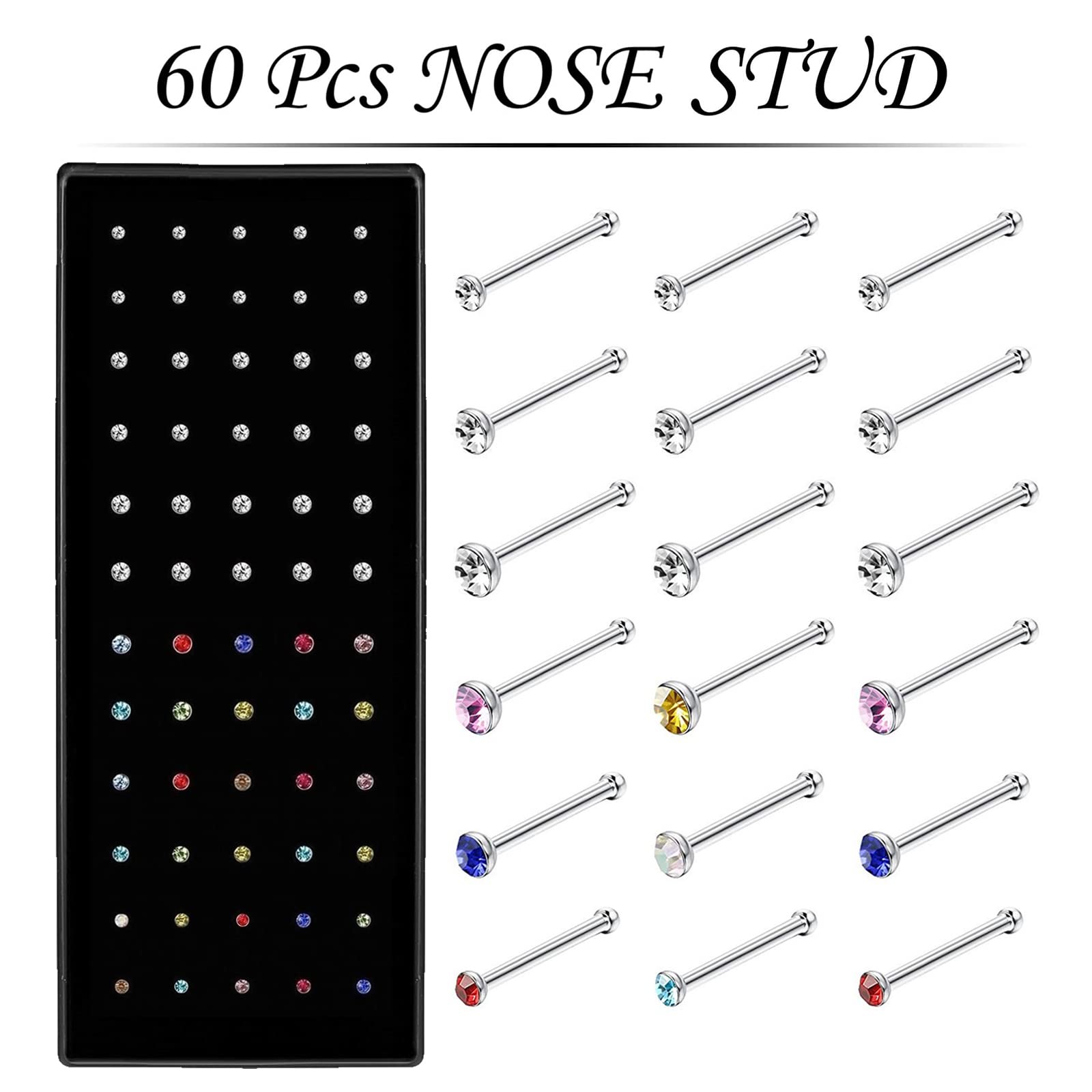 ijuerybai Cute Nose Rings for Women, Surgical Stainless Steel Nose Studs Women Men 20g Small Nose Rings Bone Studs, Hypoallergenic Real Nose Piercings Body Jewelry Bulk Unique Tiny - Straight/Mix