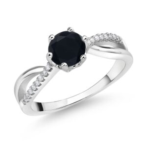 gem stone king 925 sterling silver round onyx and white moissanite ring for women (0.88 cttw, gemstone birthstone, available in size 5, 6, 7, 8, 9)