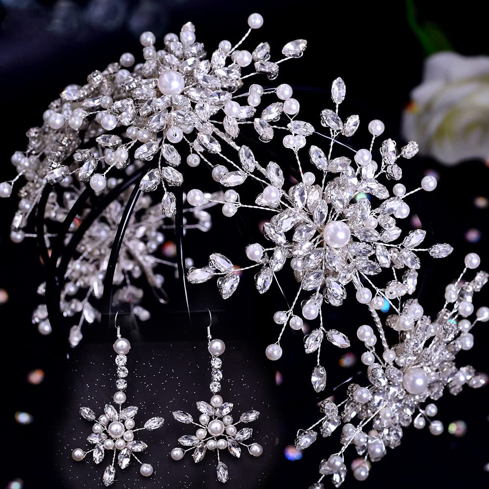 LOVFOIVER Bridal Wedding Headband Rhinestone Pearls Tiara Earring Set Silver Women Handmade Hair Accessories