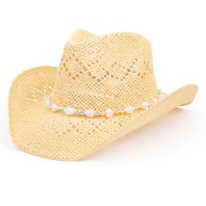 tovoso western cowgirl, straw cowboy hat for women with shapeable brim, beaded hearts trim, beige