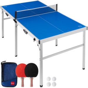 best choice products 6x3ft portable ping pong table game set, folding indoor outdoor table tennis for rec room w/ 2 paddles, 2 balls, net, carrying bag, adjustable feet