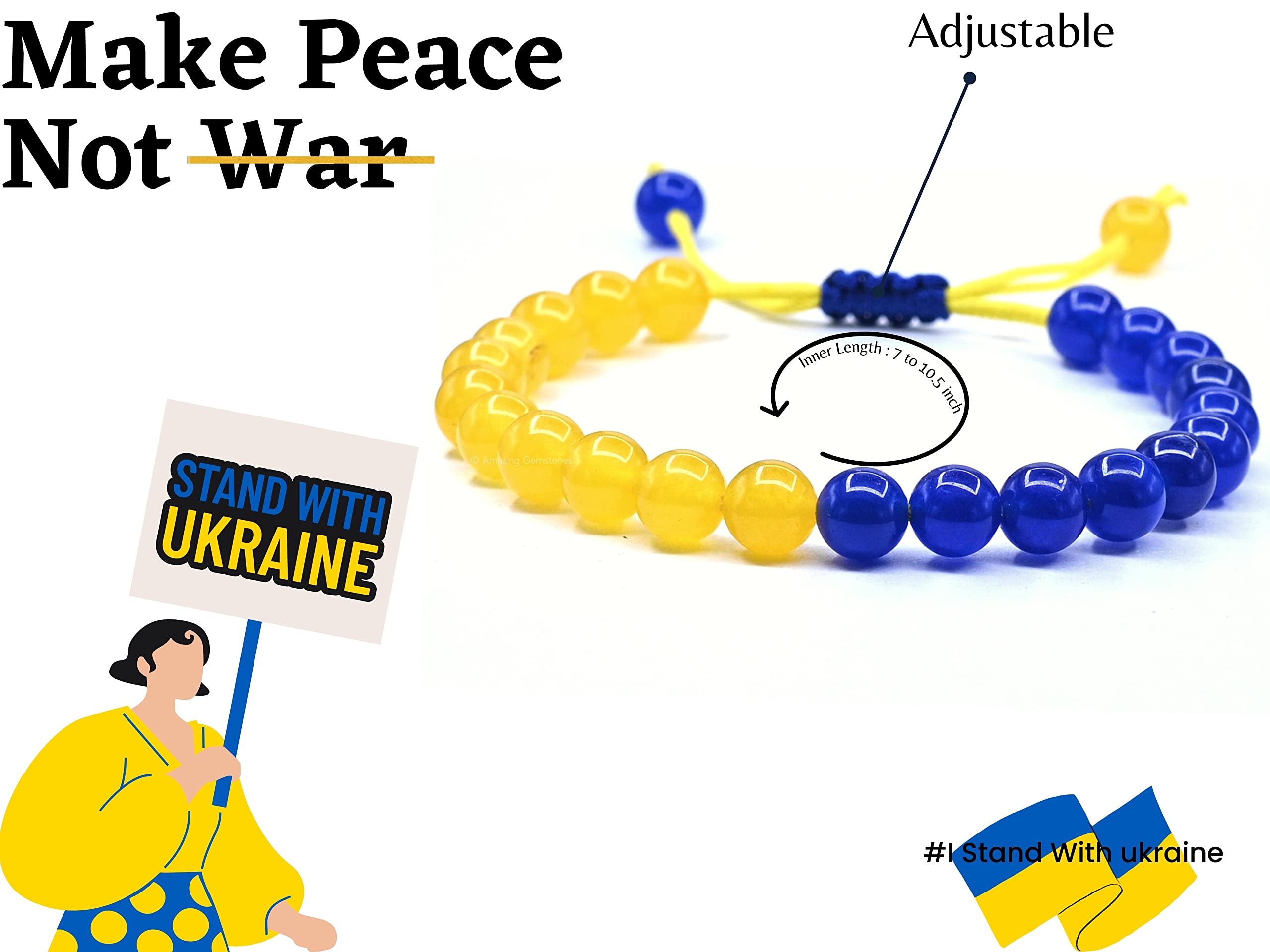 Ukraine Bracelet, Ukraine Flag Healing Crystal Bracelet - Ukraine Jewelry for Women Men Kids (Blue - Yellow Quartz Beaded)