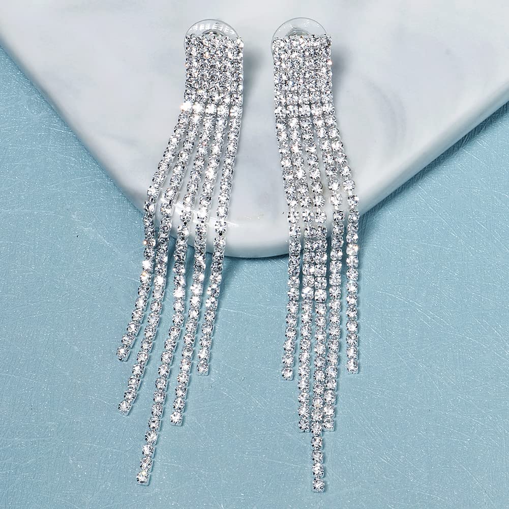 Mlouye Dangle Earrings for Women, Rhinestone Earring Dangling Long Tassel Crystal Chandelier Drop Earrings for Prom Party Silver Tone Clear