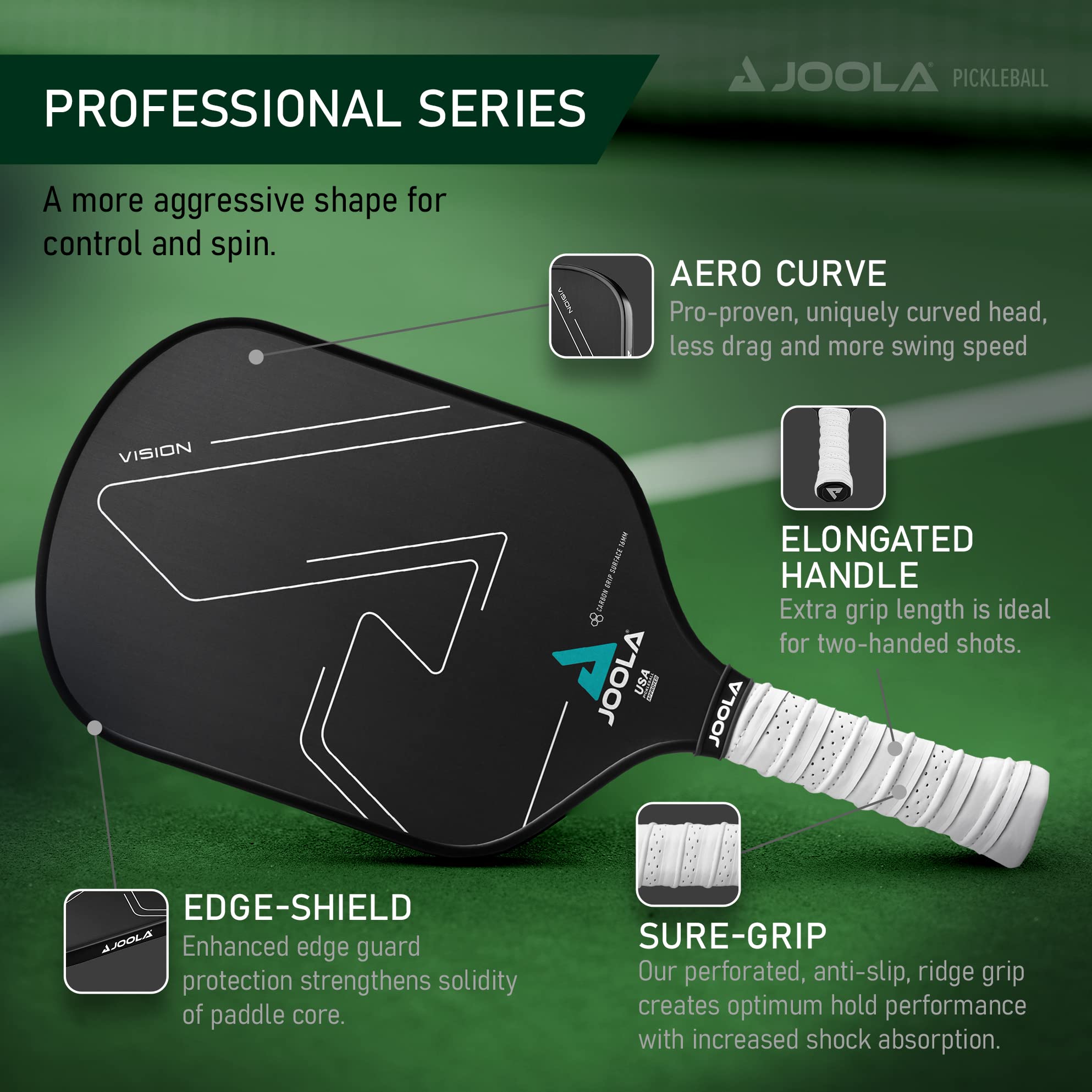 JOOLA Vision Pickleball Paddle with Textured Carbon Grip Surface Technology for Maximum Spin and Control with Added Power - Polypropylene Honeycomb Core Pickleball Racket 16mm