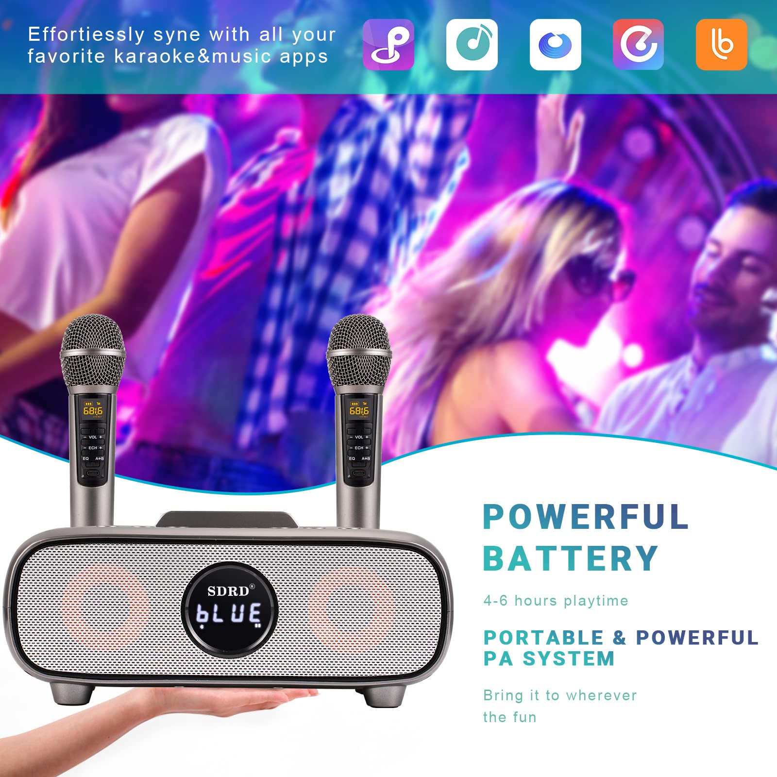 Karaoke Machine for Adults and Kids,Portable Bluetooth 2 Wireless Karaoke Microphone with Holder/USB/TF Card/AUX-in, PA Speaker System for Home Party, Picnic,Car,Outdoor/Indoor