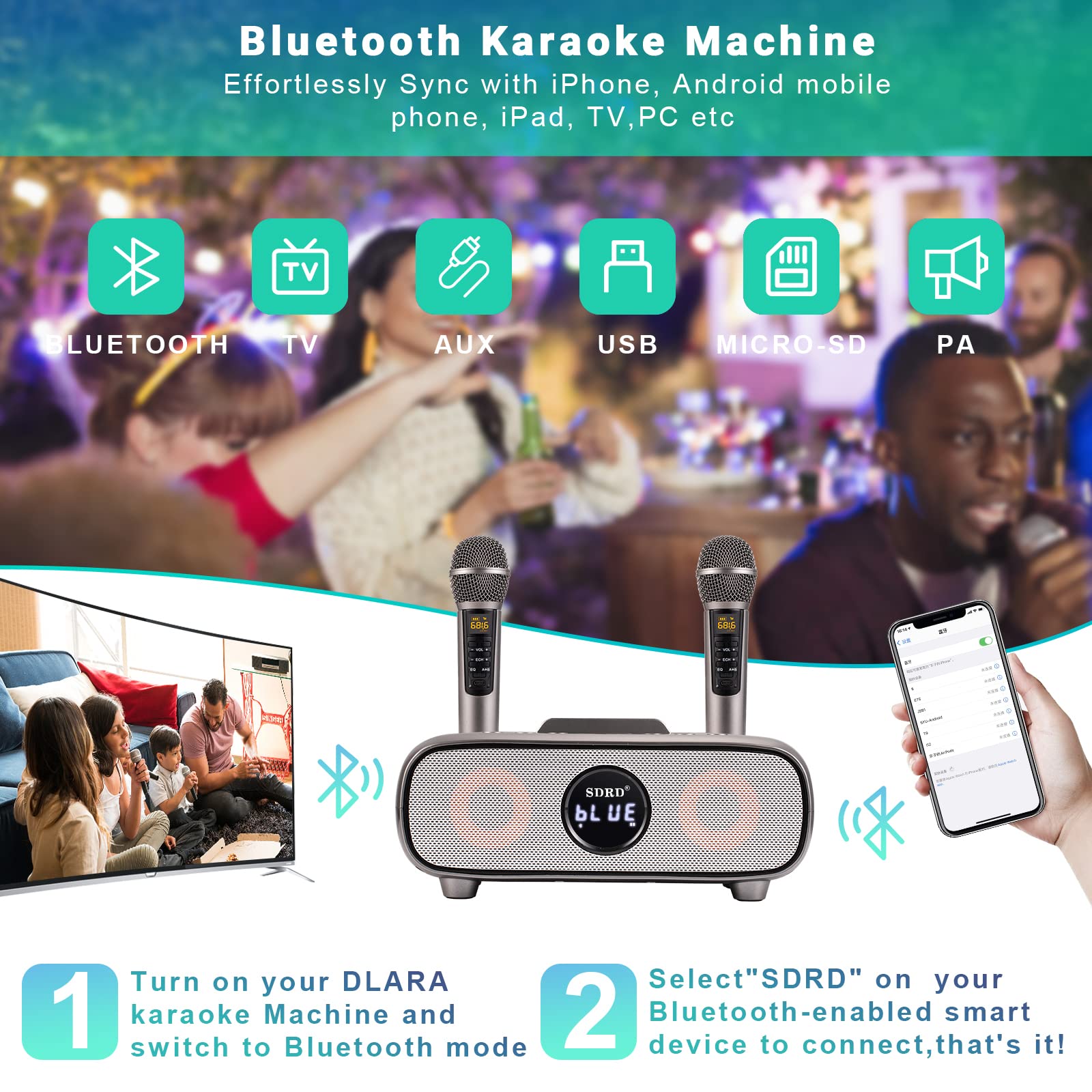 Karaoke Machine for Adults and Kids,Portable Bluetooth 2 Wireless Karaoke Microphone with Holder/USB/TF Card/AUX-in, PA Speaker System for Home Party, Picnic,Car,Outdoor/Indoor