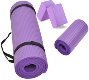 signature fitness all purpose 1/2-inch extra thick high density anti-tear exercise yoga mat and knee pad with carrying strap and yoga blocks, purple