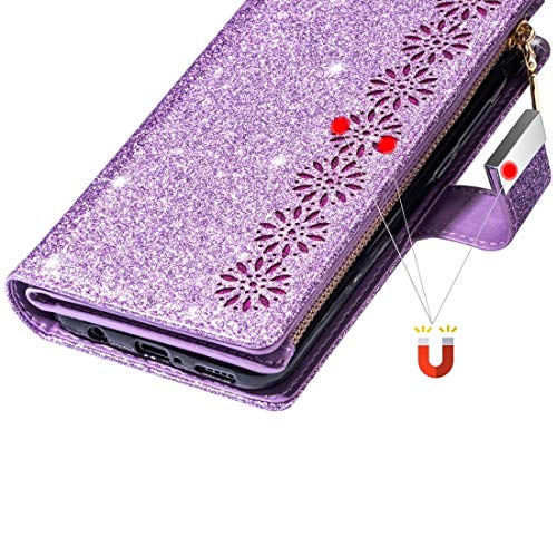 BOYUHII Silicone Protective Case for Phone for Samsung Galaxy A30 / A20 Multi-Card Slots Starry Sky Laser Carving Glitter Zipper Horizontal Flip Leather Case with Holder & Wallet & Lanyard ATCYE