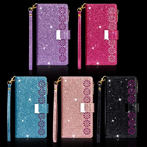 BOYUHII Silicone Protective Case for Phone for Samsung Galaxy M40 / A60 Multi-Card Slots Starry Sky Laser Carving Glitter Zipper Horizontal Flip Leather Case with Holder & Wallet & Lanyard ATCYE