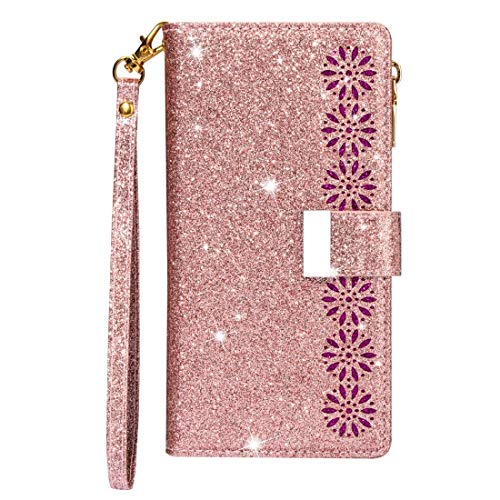 BOYUHII Silicone Protective Case for Phone for Samsung Galaxy M40 / A60 Multi-Card Slots Starry Sky Laser Carving Glitter Zipper Horizontal Flip Leather Case with Holder & Wallet & Lanyard ATCYE