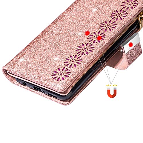 BOYUHII Silicone Protective Case for Phone for Samsung Galaxy A21 Multi-Card Slots Starry Sky Laser Carving Glitter Zipper Horizontal Flip Leather Case with Holder & Wallet & Lanyard ATCYE