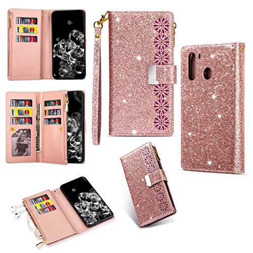 BOYUHII Silicone Protective Case for Phone for Samsung Galaxy A21 Multi-Card Slots Starry Sky Laser Carving Glitter Zipper Horizontal Flip Leather Case with Holder & Wallet & Lanyard ATCYE