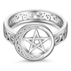 celtic pentagram ring for women crescent moon star pentacle ring sterling silver witch wiccan pagan protection jewelry halloween gifts size 7