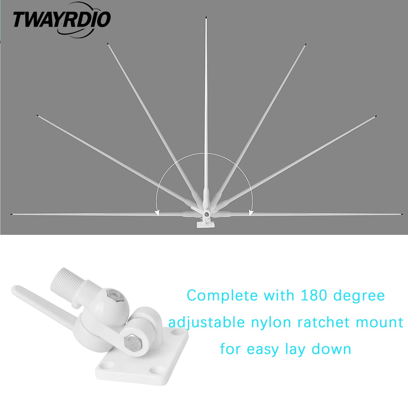 TWAYRDIO 43-Inch VHF Marine Antenna, Heavy Duty White Fiberglass Boat Antenna 3dBi Gain W/22.9ft Low Loss RG58 Coaxial Cable Built-in PL259 Connector and Nylon Ratchet Mount for Midland Uniden Radios