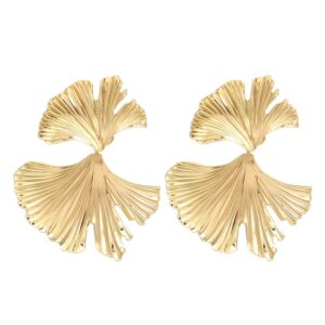 14k gold plated flower earrings for women,statement ginkgo leaf earrings,dainty trendy big floral earrings,elegant geometric irregular hawaiian unique plant earrings fashion jewelry(gin gold)