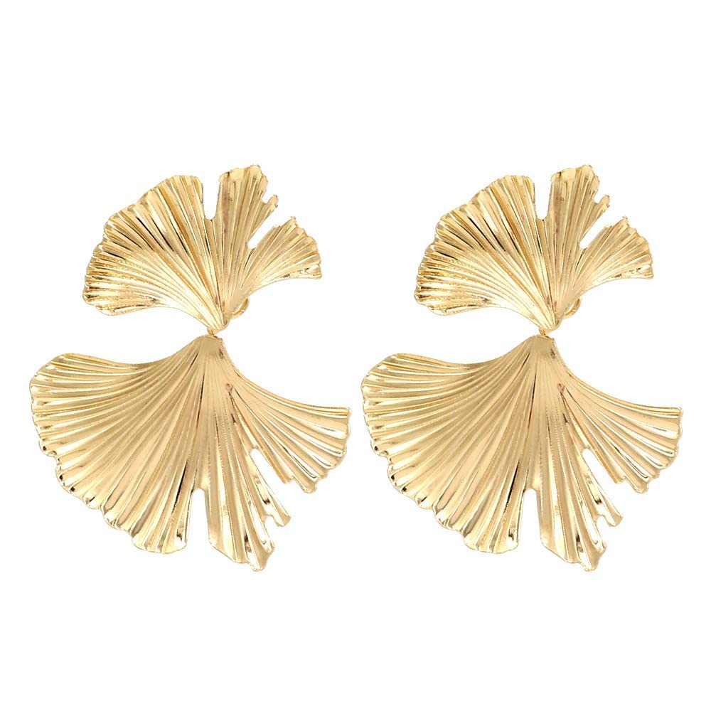 14K Gold Plated Flower Earrings for Women,Statement Ginkgo Leaf Earrings,Dainty Trendy Big Floral Earrings,Elegant Geometric Irregular Hawaiian Unique Plant Earrings Fashion Jewelry(Gin gold)