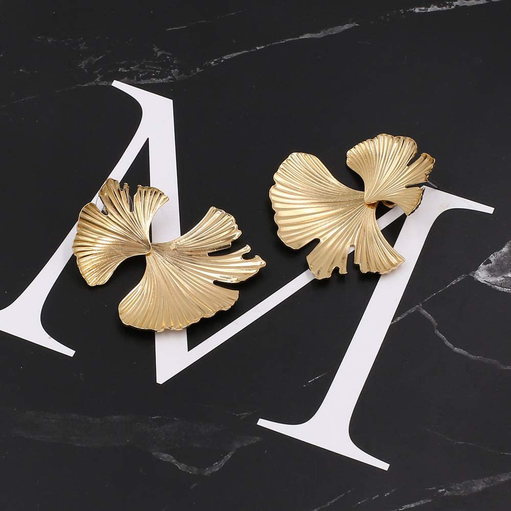 14K Gold Plated Flower Earrings for Women,Statement Ginkgo Leaf Earrings,Dainty Trendy Big Floral Earrings,Elegant Geometric Irregular Hawaiian Unique Plant Earrings Fashion Jewelry(Gin gold)