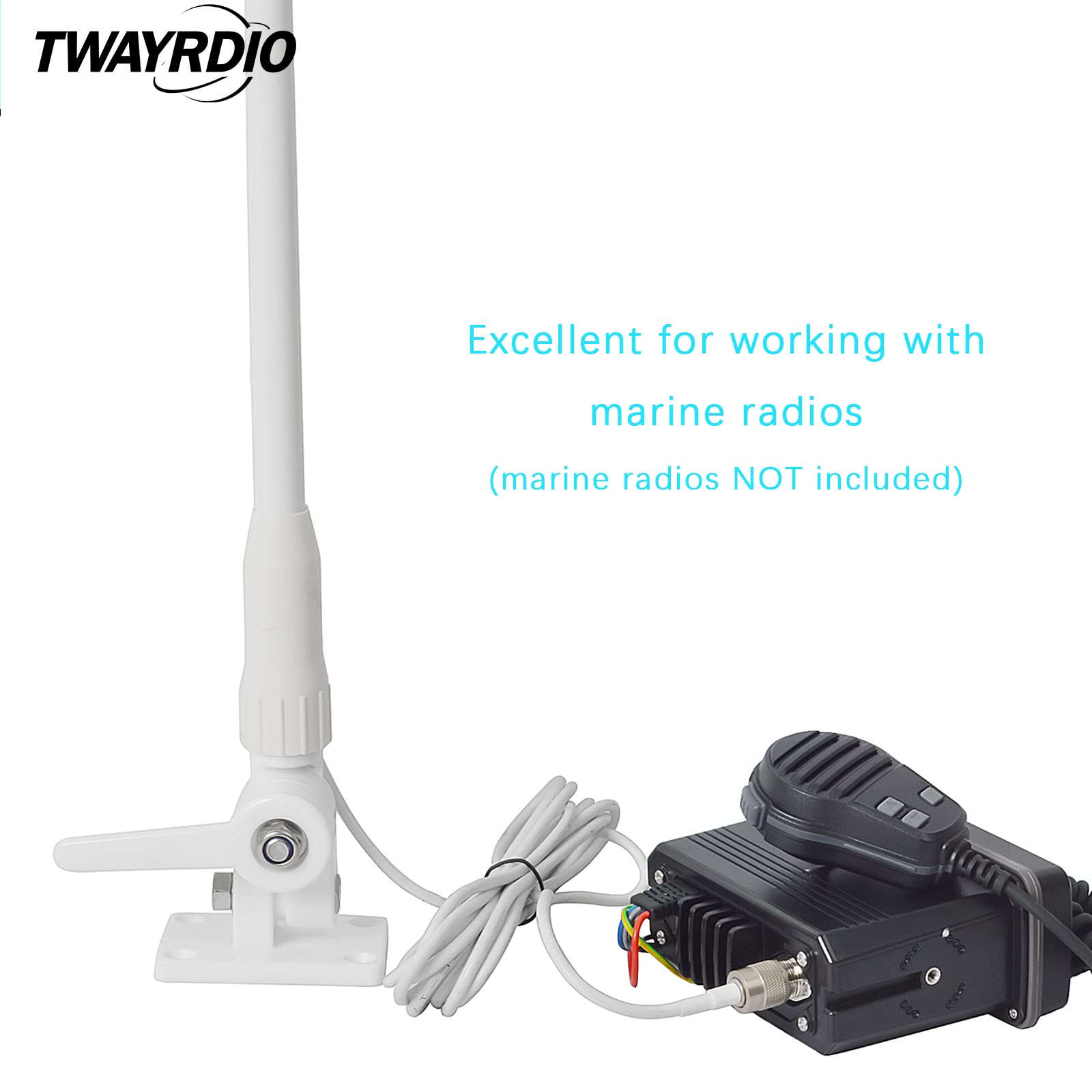 TWAYRDIO 43-Inch VHF Marine Antenna, Heavy Duty White Fiberglass Boat Antenna 3dBi Gain W/22.9ft Low Loss RG58 Coaxial Cable Built-in PL259 Connector and Nylon Ratchet Mount for Midland Uniden Radios