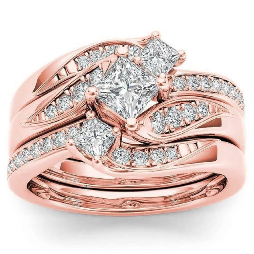 COSJOOHY Anniversary Promise Wedding Band Women's Two Tone Rings Rose Gold Three Stone Round Cut Engagement Ring Sterling Silver Halo Bridal Ring Set (7, rose gold)