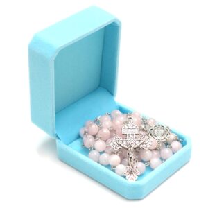 GeekTenet Rosary Beads Chaplet Pink Natural Crystal Rosery Cross Catholic gifts (Pink)