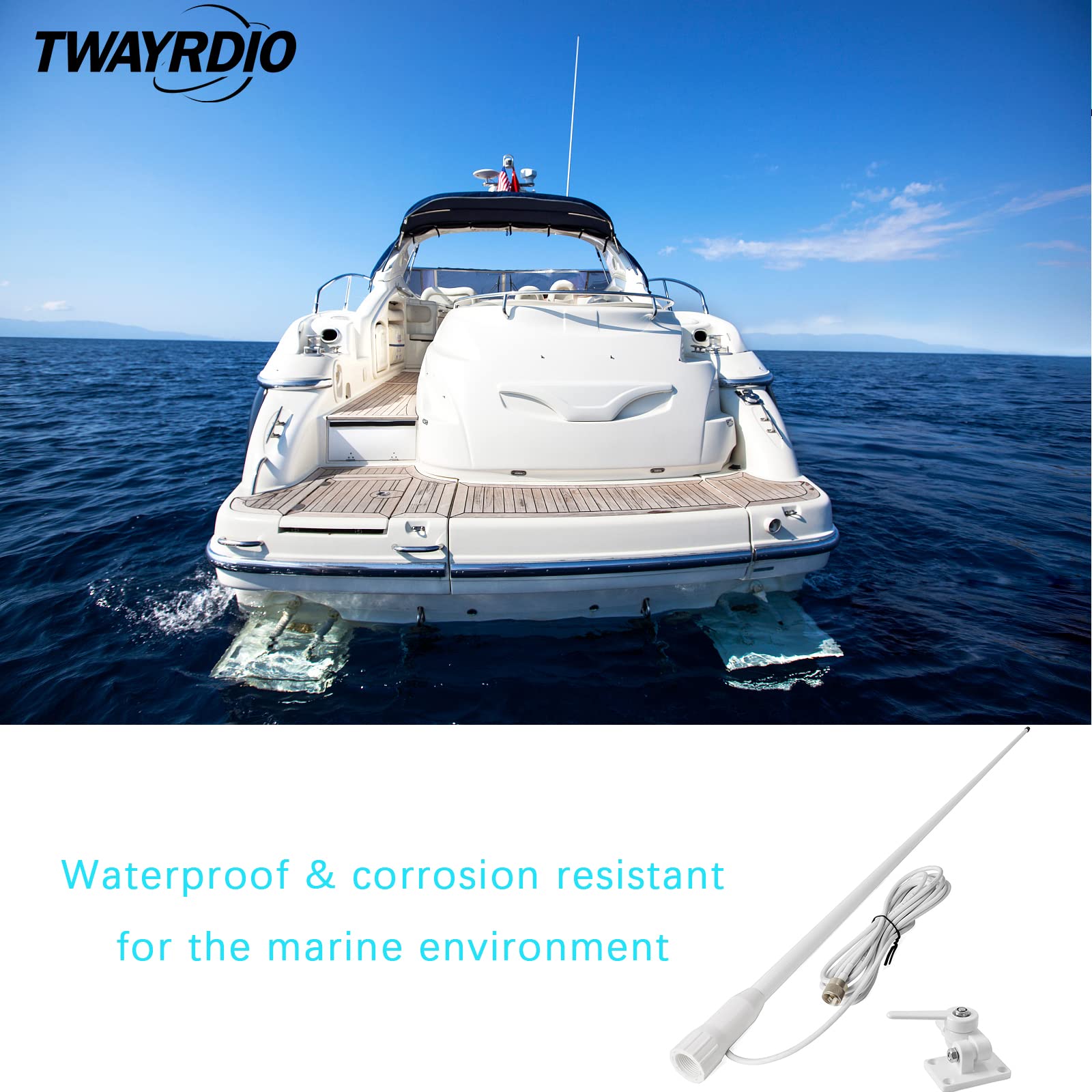 TWAYRDIO 43-Inch VHF Marine Antenna, Heavy Duty White Fiberglass Boat Antenna 3dBi Gain W/22.9ft Low Loss RG58 Coaxial Cable Built-in PL259 Connector and Nylon Ratchet Mount for Midland Uniden Radios