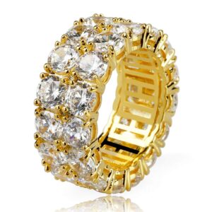 topgrillz engagement ring men gold ring cubic zirconia silver ring diamond rings for women 9mm iced out 14k gold plated 2 rows round cut eternity chunky ring（gold,7.5