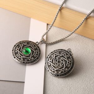 STWTR Red Eye Amulet Seal Solomon Hexagonal Star Twelve Constellation Pendant Blue Eye Stainless Steel Necklace (Silver Green)