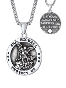 bestyle chunky st michael necklace stainless steel round saint michael medal icon protection necklace with 3 mm 22+2 in long spiga chain