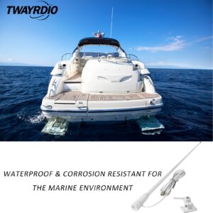 TWAYRDIO 43-Inch VHF Marine Antenna, Heavy Duty White Fiberglass Boat Antenna 3dBi Gain W/22.9ft Low Loss RG58 Coaxial Cable Built-in PL259 Connector and Nylon Ratchet Mount for Midland Uniden Radios