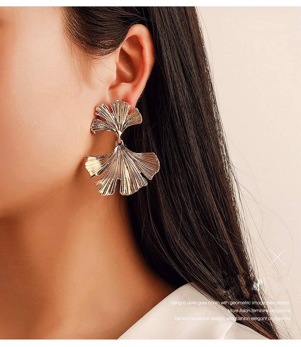 14K Gold Plated Flower Earrings for Women,Statement Ginkgo Leaf Earrings,Dainty Trendy Big Floral Earrings,Elegant Geometric Irregular Hawaiian Unique Plant Earrings Fashion Jewelry(Gin gold)