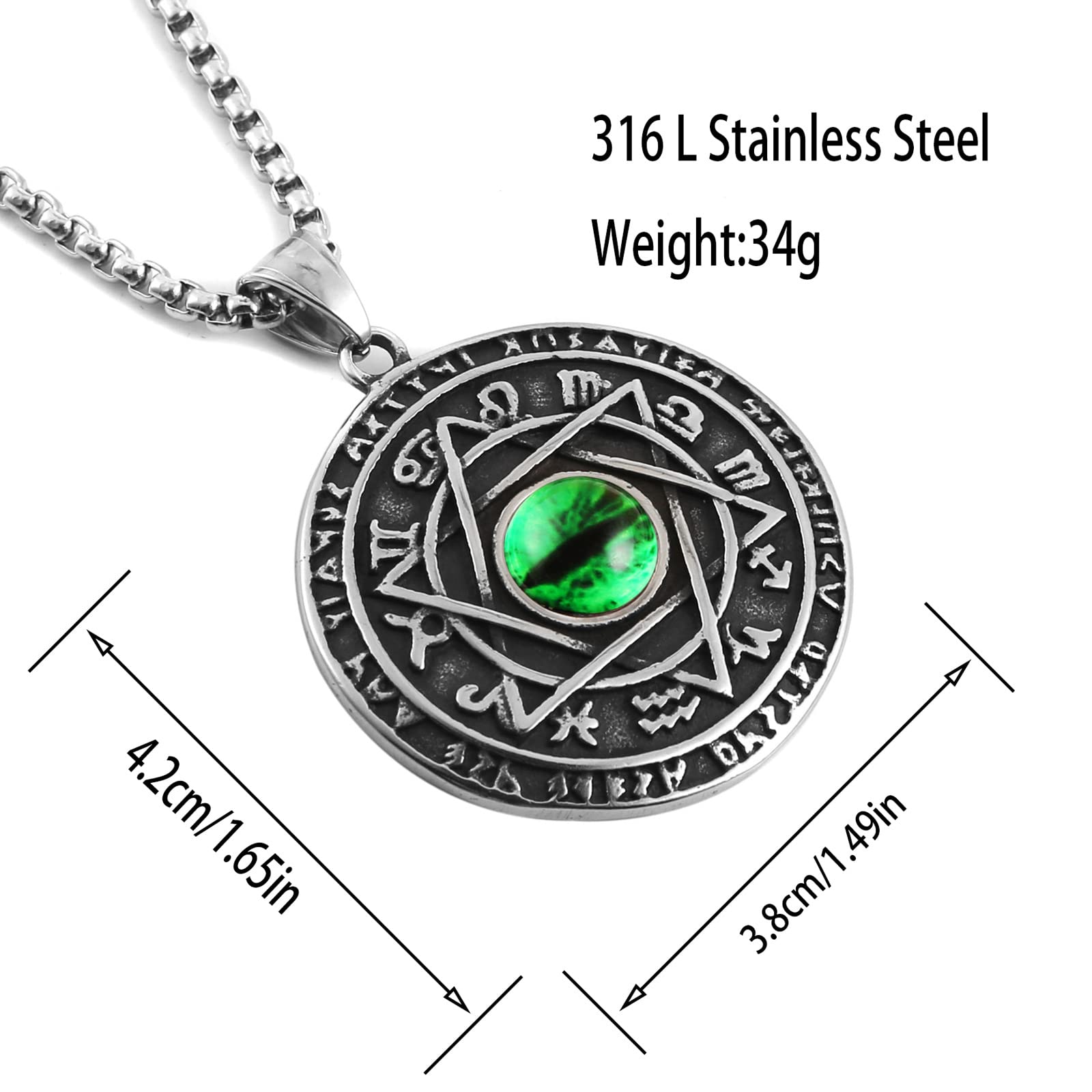 STWTR Red Eye Amulet Seal Solomon Hexagonal Star Twelve Constellation Pendant Blue Eye Stainless Steel Necklace (Silver Green)