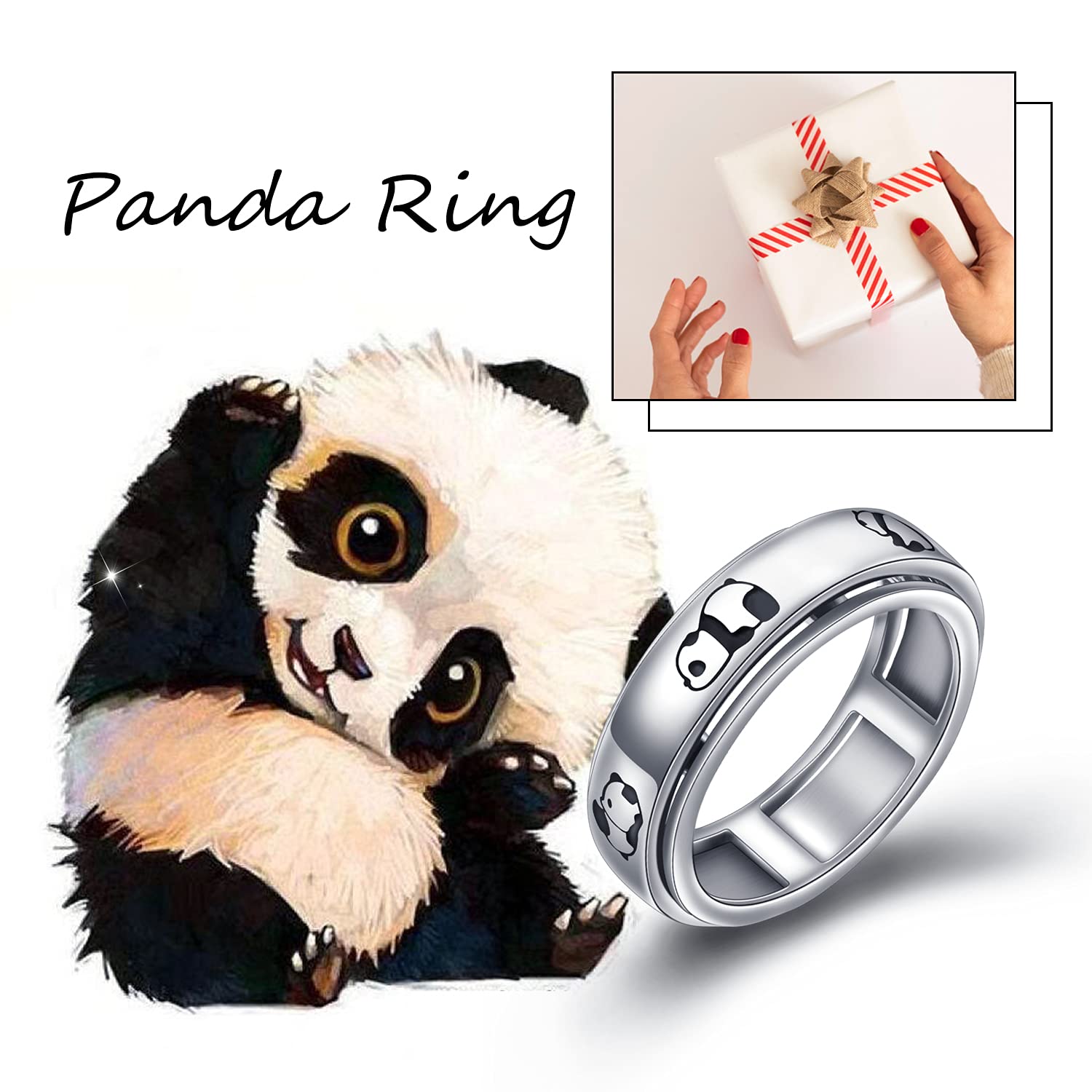 HOOHWE Spinner Rings for Anxiety,S925 Sterling Silver Fidget Anxiety Worry Relieving Boredom ADHD Autism Band Rings for Teen Girls (2-Panda Rings, 9)