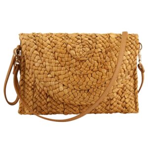 straw clutches beach bag for women summer crossbody straw bag with bag strap (coffee color)