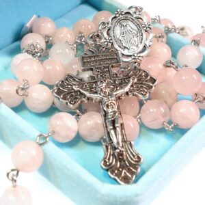 GeekTenet Rosary Beads Chaplet Pink Natural Crystal Rosery Cross Catholic gifts (Pink)