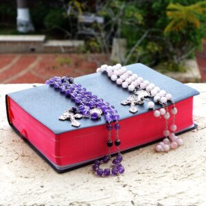 GeekTenet Rosary Beads Chaplet Pink Natural Crystal Rosery Cross Catholic gifts (Pink)