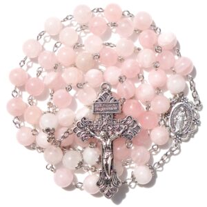 geektenet rosary beads chaplet pink natural crystal rosery cross catholic gifts (pink)