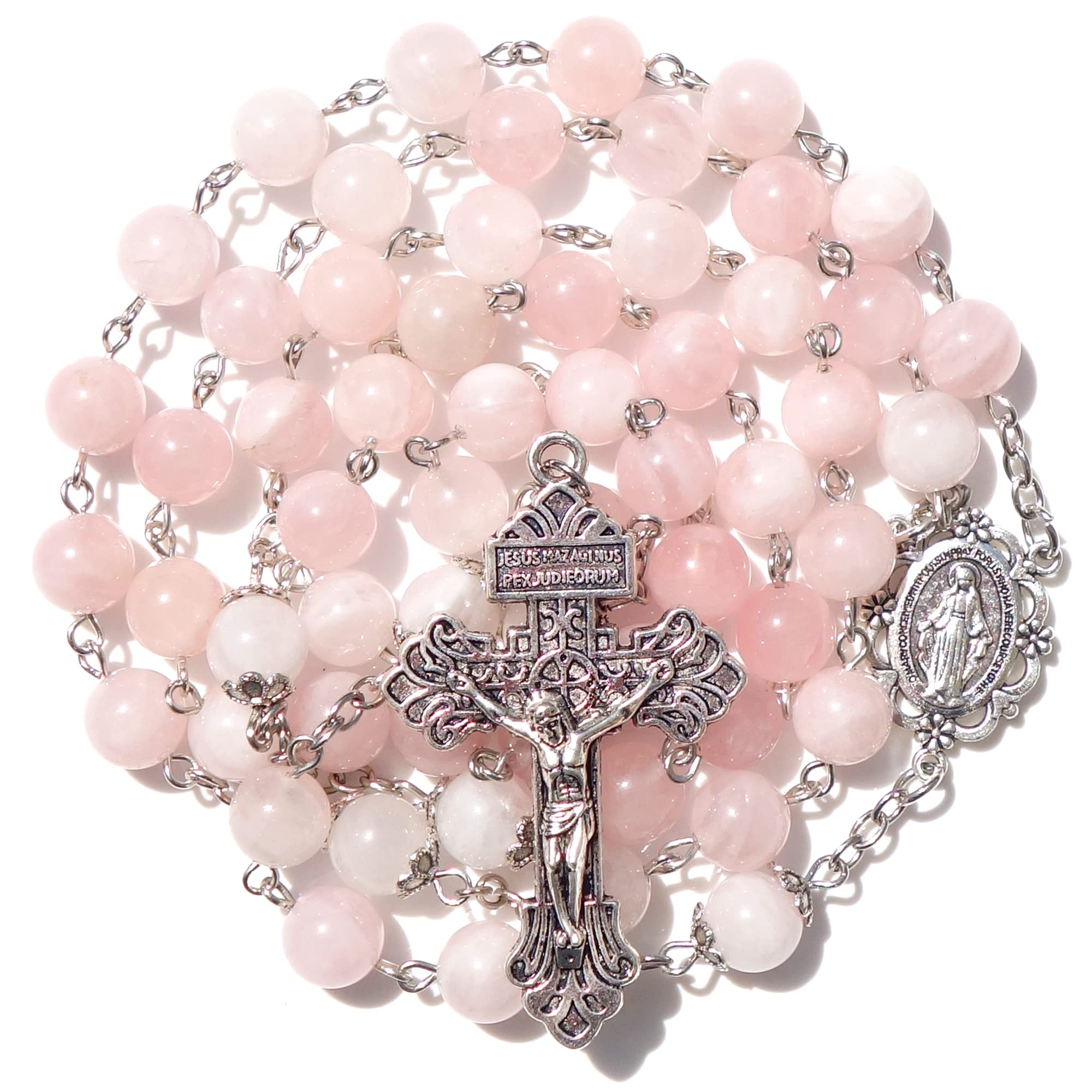 GeekTenet Rosary Beads Chaplet Pink Natural Crystal Rosery Cross Catholic gifts (Pink)