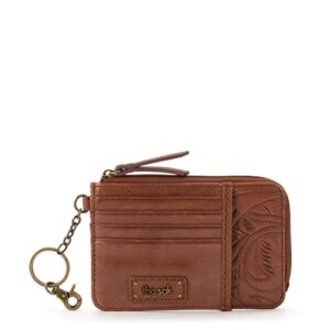 the sak iris wallet in leather, elevated card holder with keychain, teak leaf embossed