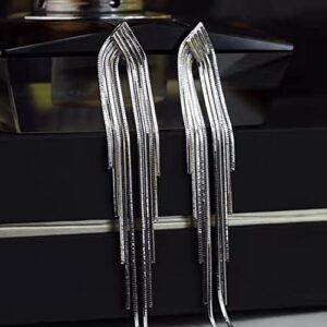 Long Silver Earrings for Women Dangling Silver Tassel Earrings Silver Long Metal Chain Tassel Dangle Earrings Silver Fringe Earrings Geometric Earrings Bridesmaid Jewelry