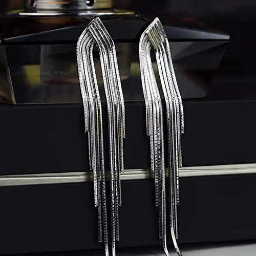 Long Silver Earrings for Women Dangling Silver Tassel Earrings Silver Long Metal Chain Tassel Dangle Earrings Silver Fringe Earrings Geometric Earrings Bridesmaid Jewelry