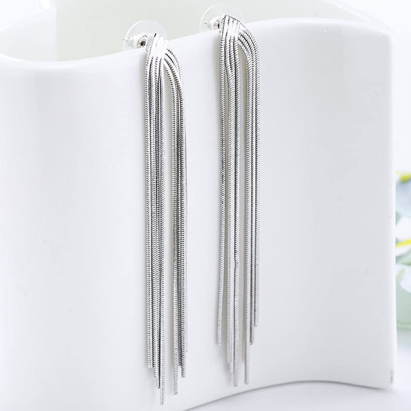 Long Silver Earrings for Women Dangling Silver Tassel Earrings Silver Long Metal Chain Tassel Dangle Earrings Silver Fringe Earrings Geometric Earrings Bridesmaid Jewelry