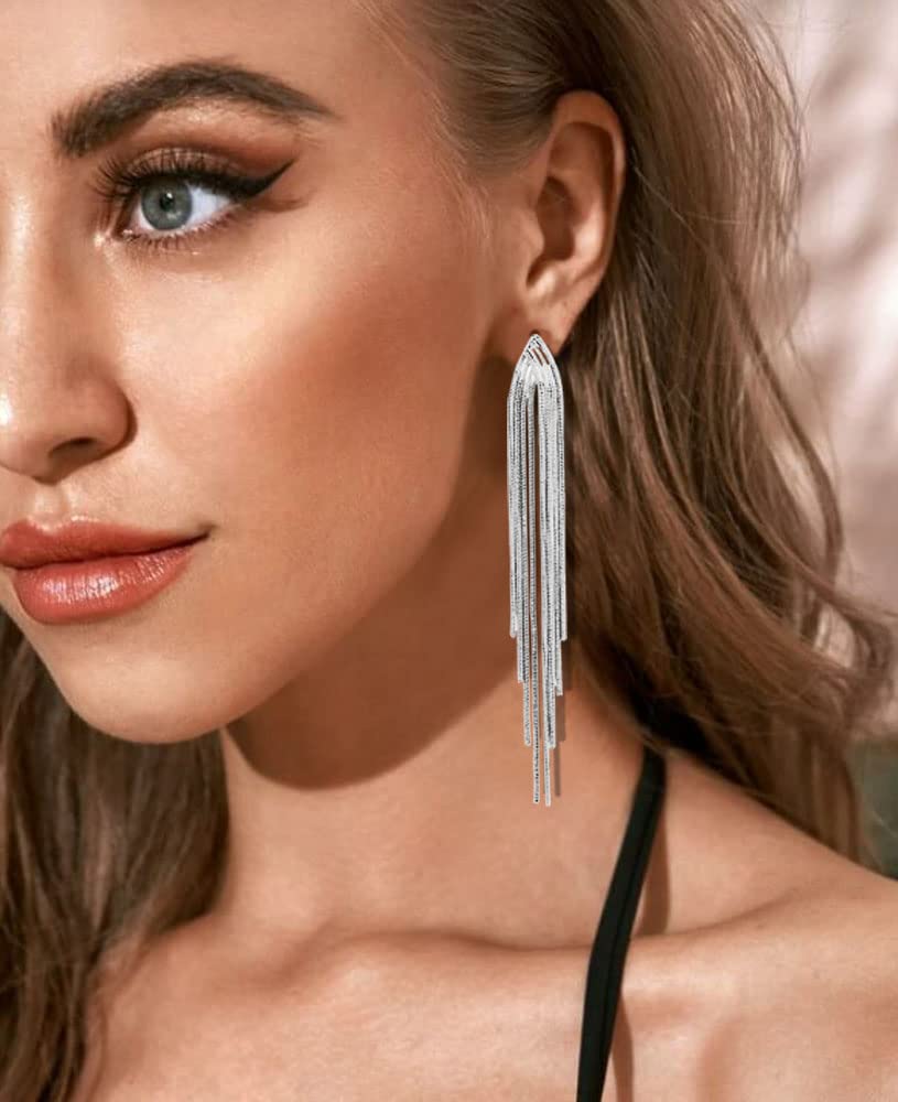 Long Silver Earrings for Women Dangling Silver Tassel Earrings Silver Long Metal Chain Tassel Dangle Earrings Silver Fringe Earrings Geometric Earrings Bridesmaid Jewelry