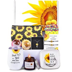 sunflower gifts for women, fabulous birthday gifts baskets for women daughter mom sister best friend, care package with sunflower tumbler bath bombs necklace bracelet jewelry dish socks