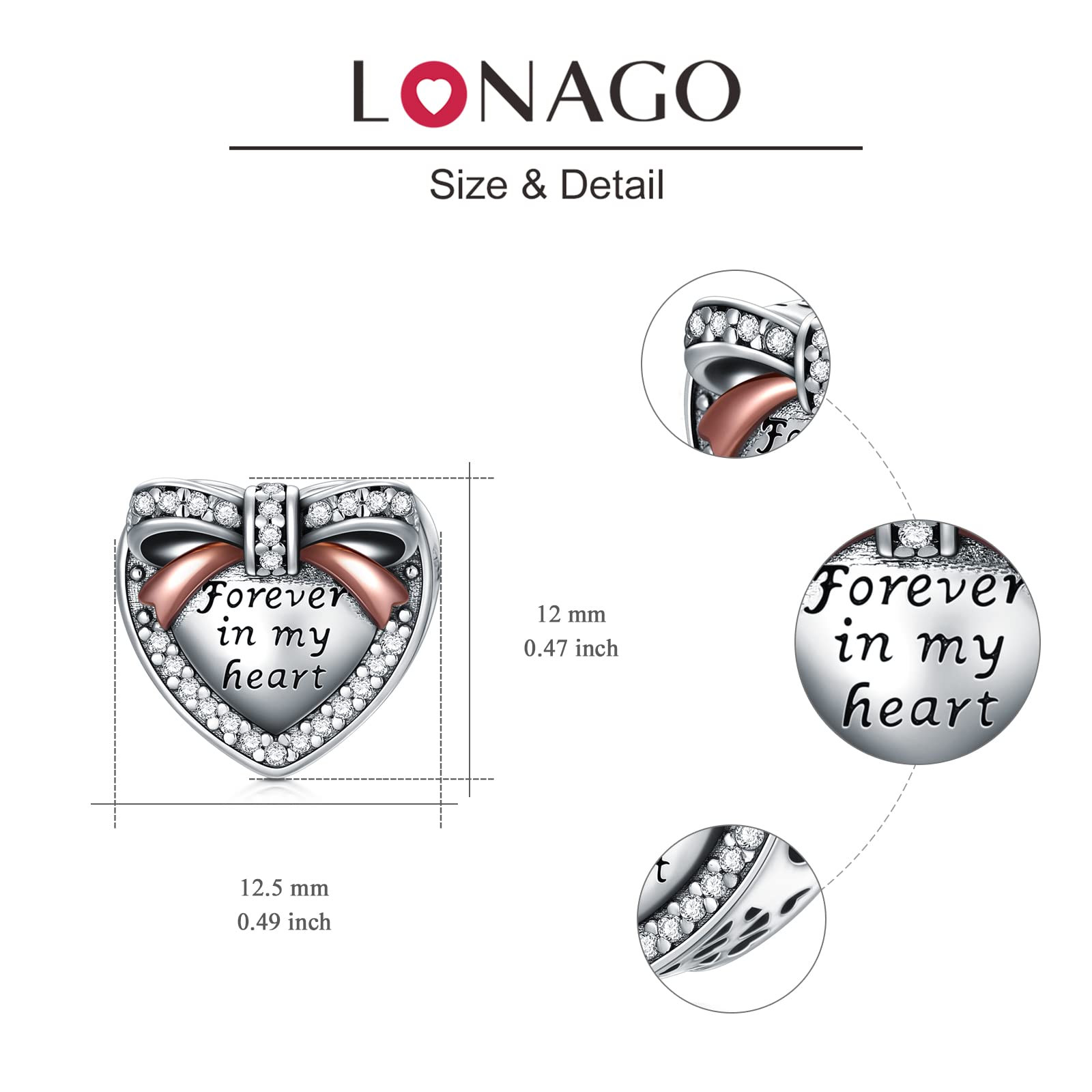 LONAGO Personalized Photo Charm for Women 925 Sterling Silver Forever in My Heart Picture Bead Charm